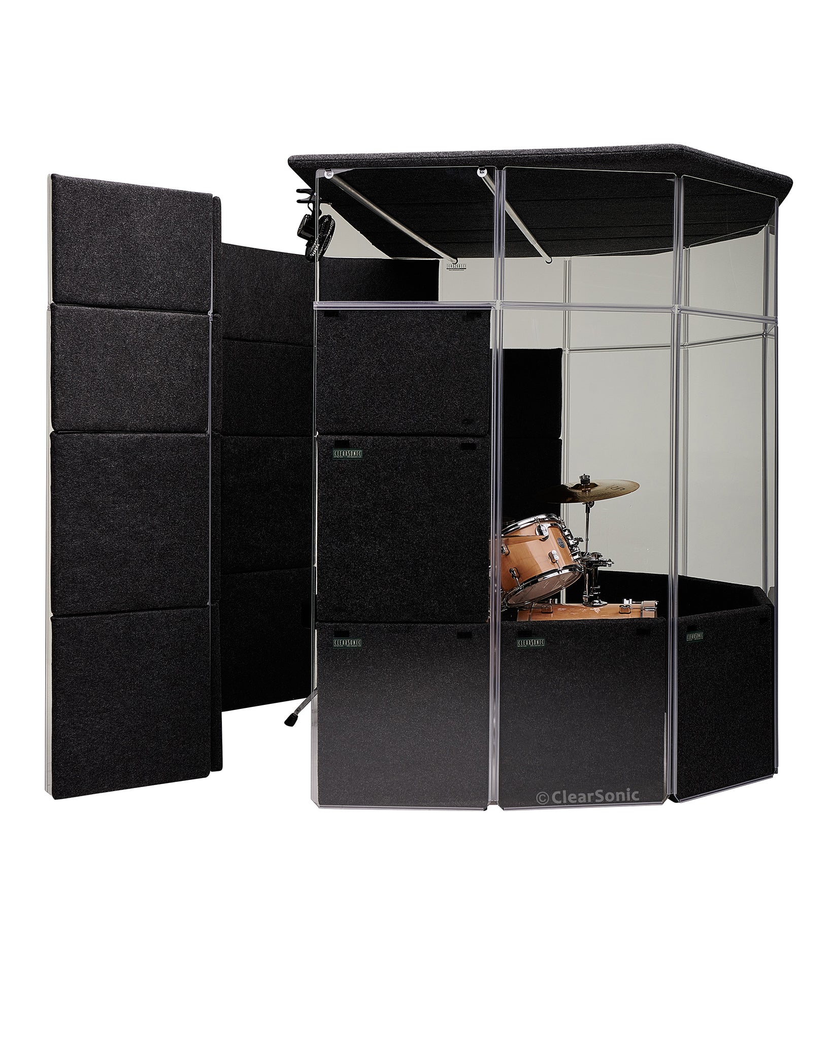 A side view of the MegaPac drum isolation booth with the door open for ...