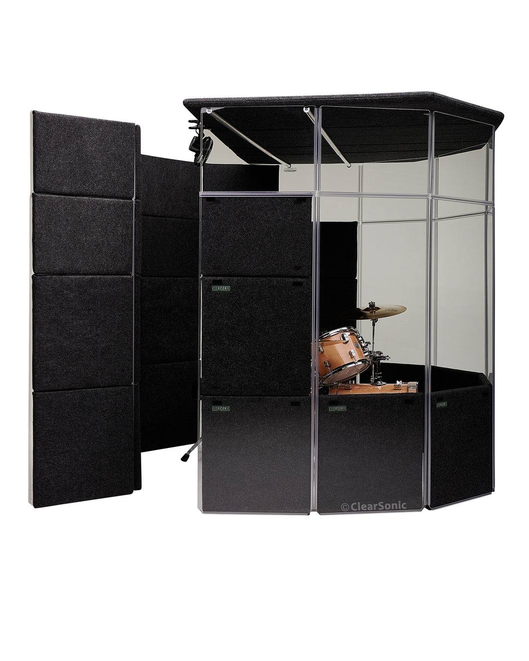 A side view of the MegaPac drum isolation booth with the door open for ...